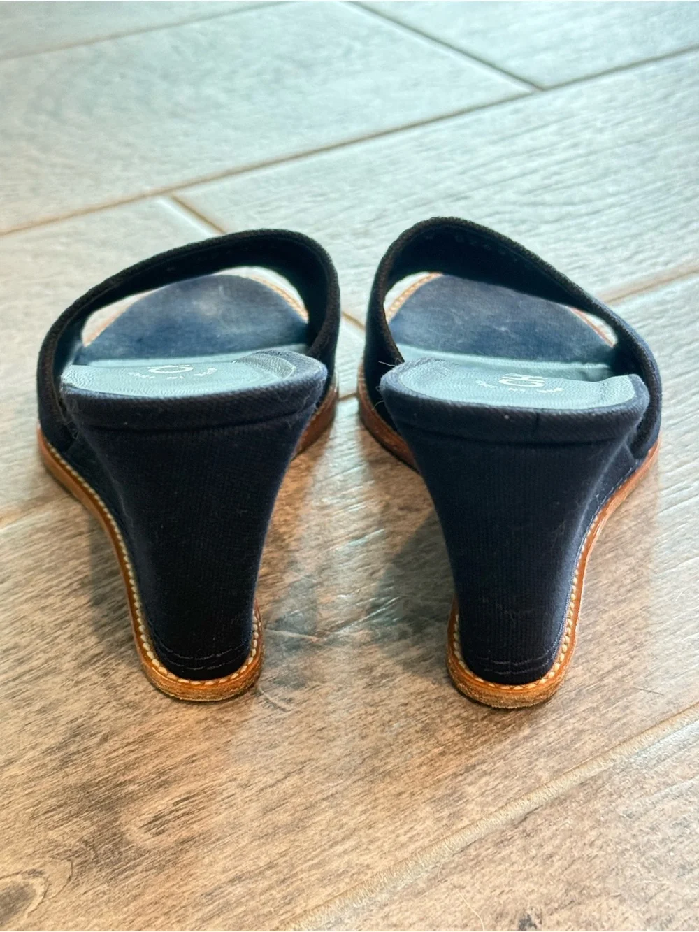CHANEL | Shoes | Authentic Chanel Navy Blue Denim Mule Wedge Heels 37 ...
